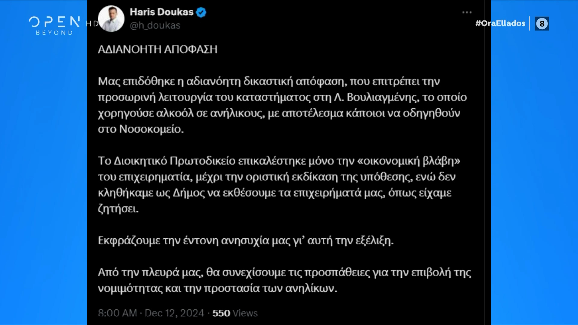 Ο Χάρης Δούκας καταδικάζει την απόφαση του δικαστηρίου για το άνοιγμα ...